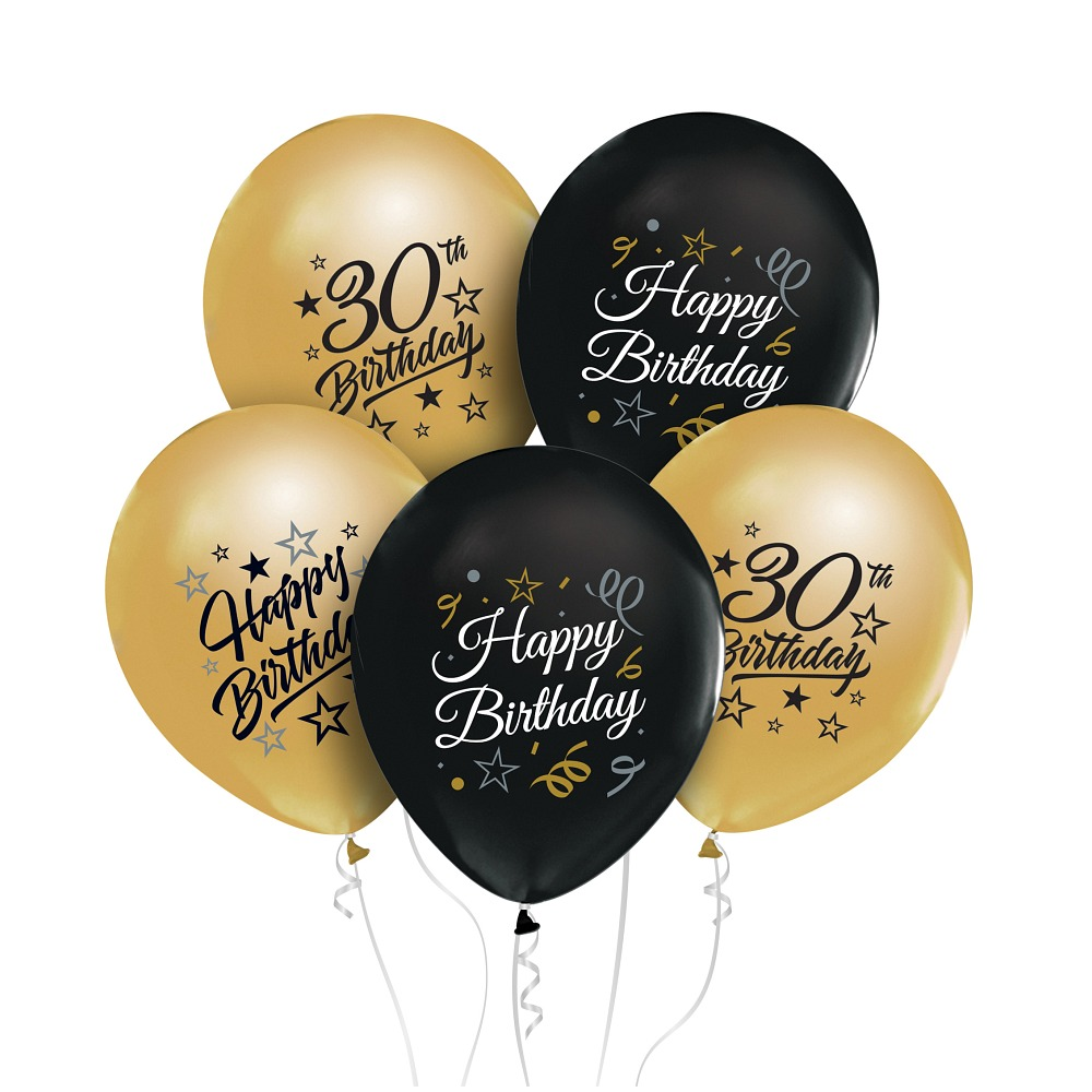 Черни и златни балони за 30-и рожден ден, 30 години, 5 броя | Partilino.com